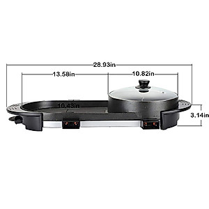 Electric Grill Hot Pot 2 in 1, Indoor Smokeless Grill Teppanyaki Grill w/ Non Stick Pan Shabu Shabu with Black