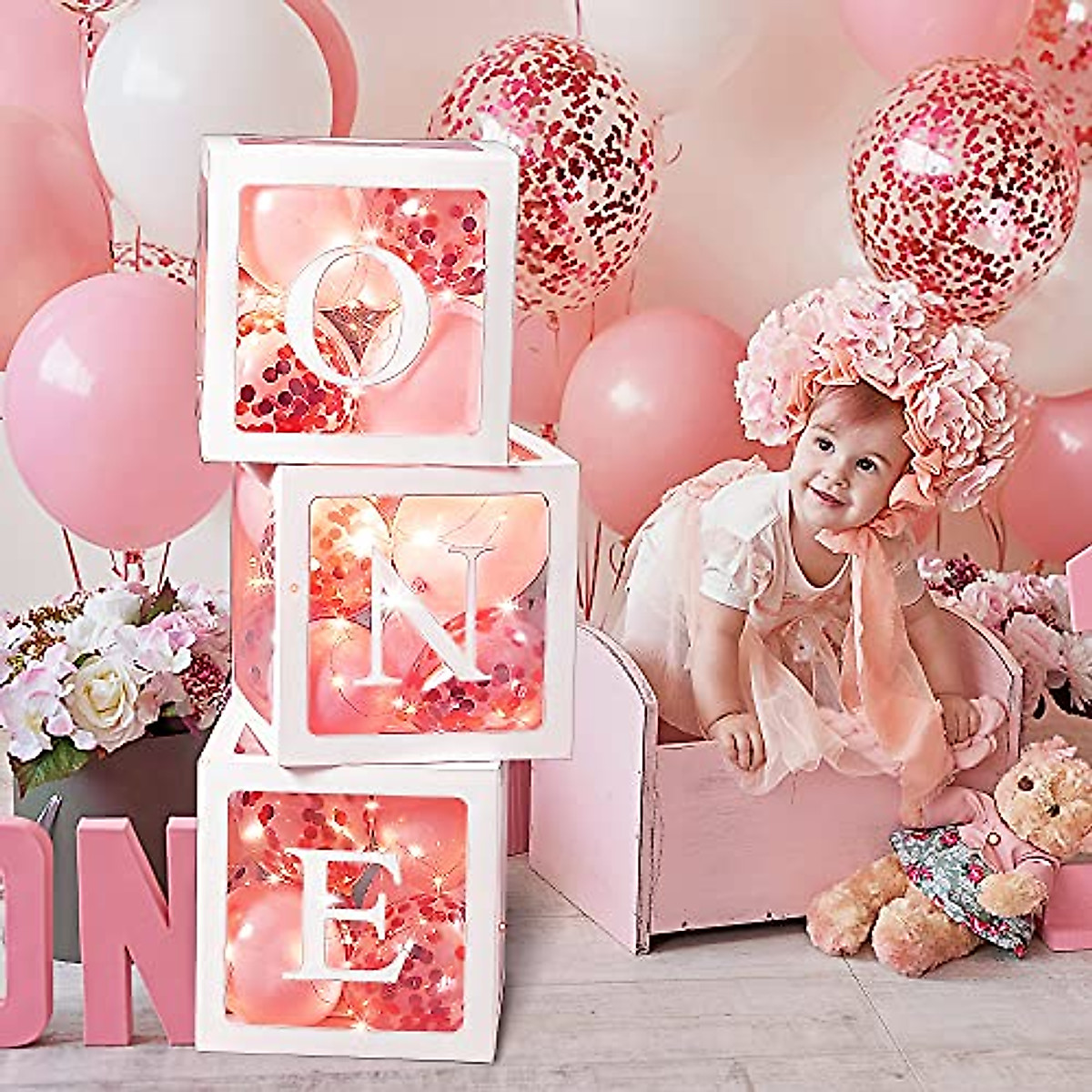 First Birthday Balloons Boxes, ONE Transparent White Balloon Blocks with 3 LED String Lights and 32 Balloons for Girl Boy Baby 1st Birthday Party Decorations Photo Shoot Prop (Pink)