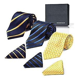 HISDERN Mens Ties Set Extra Long Ties and Pocket Square Set Navy Blue Yellow Necktie Handkerchief 63 Inch XL Silk Neckties Collection 3 Pack Wedding