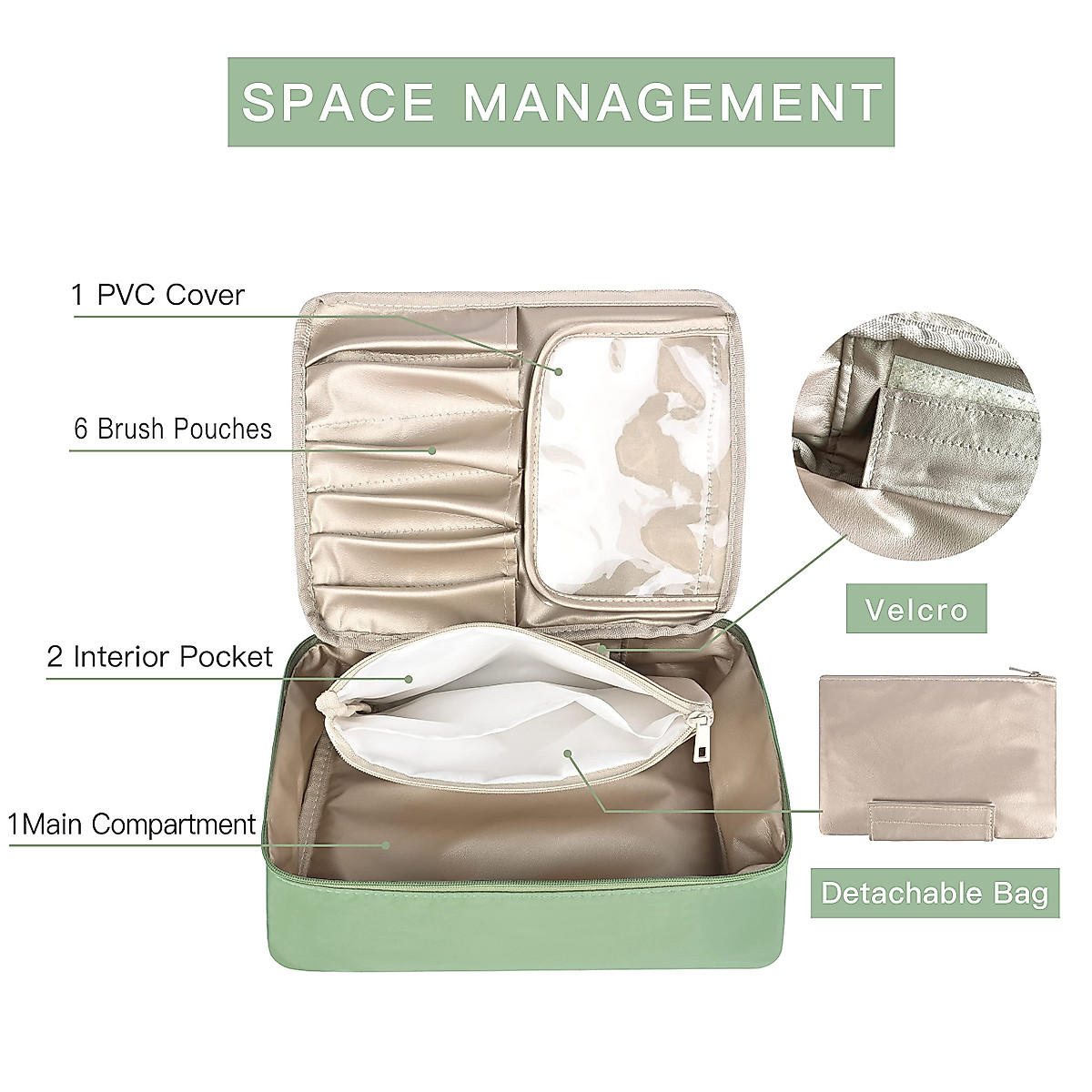 mooiborsa Travel Makeup Bag Cosmetic Bag Make up Case Organizer Cosmetic Brush Storage Case for Women and Girls,Green