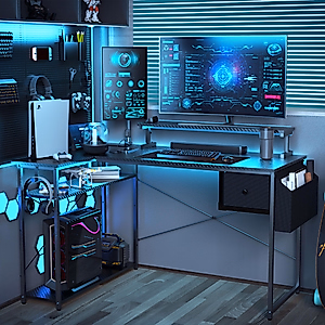 DOMICON L Shaped Gaming Desk, 55 Inch Computer Desk with Adjustable Stand & RGB Lights, Corner Desk for Power Outlet, Carbon Fiber Texture, Gaming Room