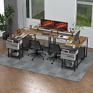 SUAYLLA L Shaped Desk with Drawers, Computer Gaming Desk with Storage Shelves, Work Desk for Home Office L-Shaped, 2 Person Long Table for Writing Workstation, Rustic Brown