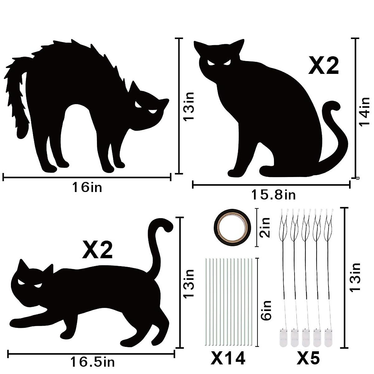 Ivenf Outdoor Halloween Decorations, 5ct Black Cat Yard Decor with LED Lights in Eyes, Scary Cat Silhouette Signs with Stakes, Waterproof Corrugated Plastic, Lawn Decorations for Home School Party