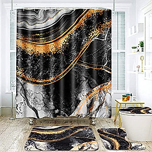 Ikfashoni 4 Pcs Black Marble Shower Curtain Set with Non-Slip Rugs, Toilet Lid Cover and Bath Mat, Abstract Black and Gold Shower Curtain with 12 Hooks, Modern Marble Shower Curtain for Bathroom Decor