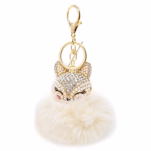 Honbay Faux Rabbit Fur Fluffy Keychain Fashion Fox Head Alloy Keychain Sparkly Rhinestone Car Keychain (Beige)