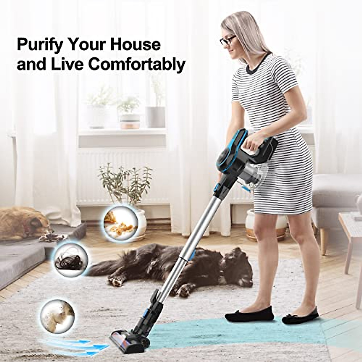 INSE Cordless Vacuum Cleaner, 6-in-1 Rechargeable Stick Vacuum with 2200 m-A-h Battery, Powerful Lightweight Vacuum Cleaner, Up to 45 Mins Runtime, for Home Hard Floor Carpet Pet Hair-N5S Navy