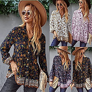 KAYWIDE Women's Casual Boho V Neck Top Loose Floral Printed Long Sleeve Beach Shirts Blouses (036-Blue, Large)