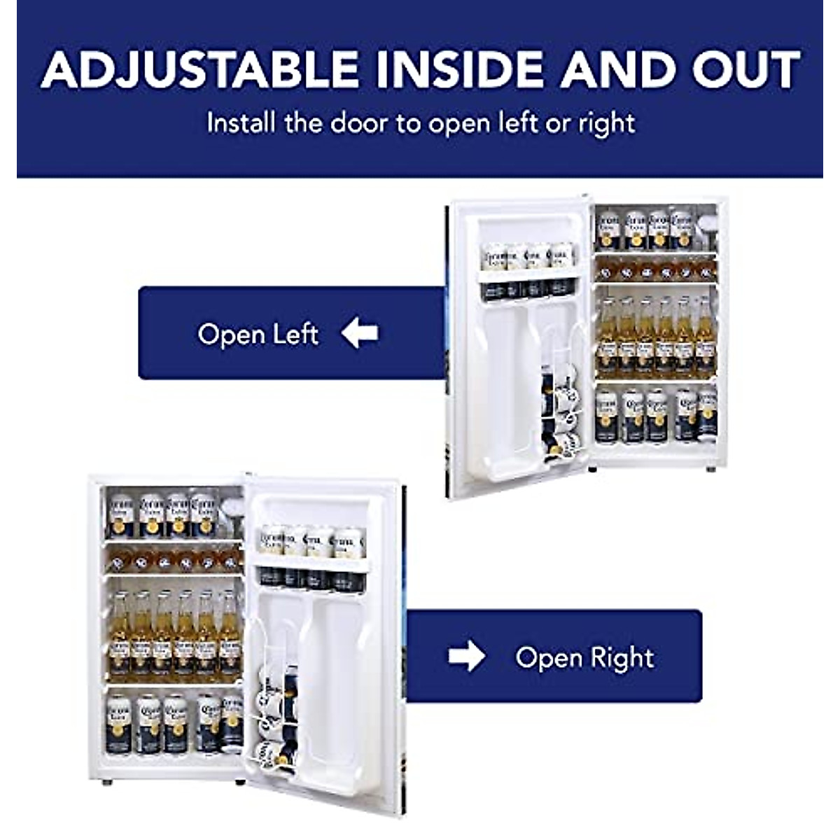 Corona Compact Fridge with Bottle Opener, 90 L/ 95 Quart 3.2 Cubic Foot for Snacks, Beverages, Juice, Beer, Den, Dorm, Office, Games Room, or RV