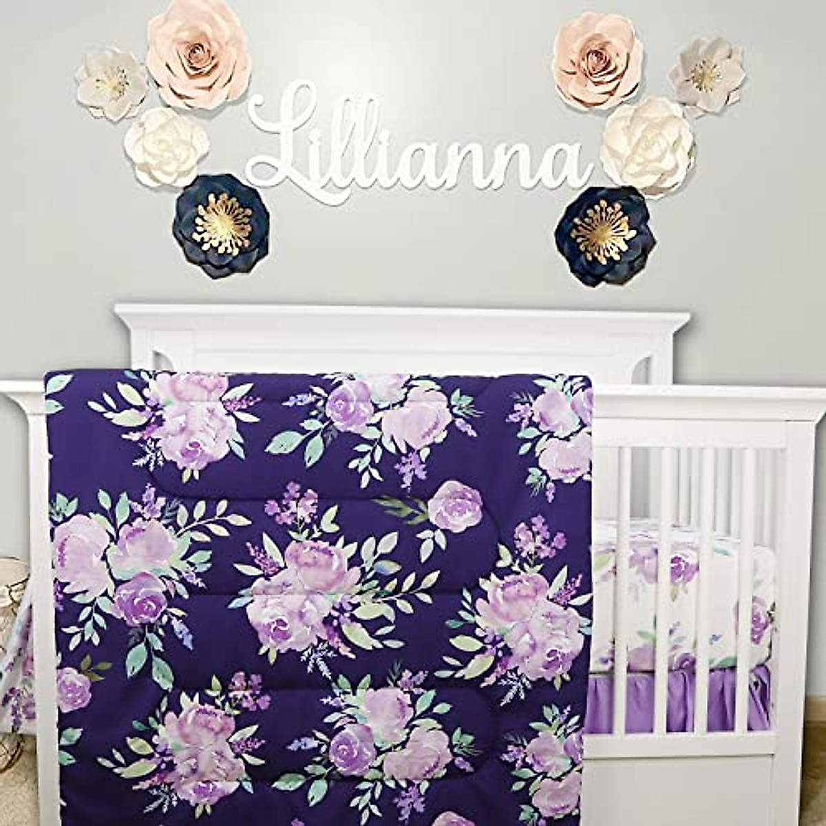 TANOFAR 5 Piece Crib Bedding Set for Girls, Baby Nursery Crib Bedding Set, Purple Flower Minky Blanket, Crib Skirt, Quilt, Crib Sheet and Diaper Stacke,Crib Bedding Set for Girls