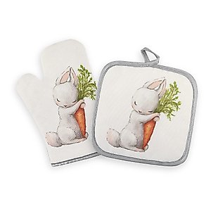 Kitchen Oven Mitts and Pot Holders Set,Pot Holders for Kitchen,Oven Mitt,Spring Cute Bunny Rabbit Print Oven Gloves and Pot Holders, Oven Gloves Mit Hot Pads for Kitchen Cooking Baking. Easter Gifts