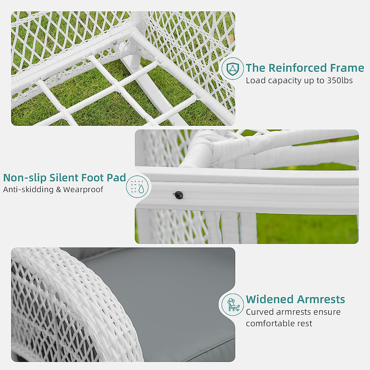 MEETWARM 3 Pieces Patio Conversation Set, Rattan Outdoor Rocking Patio Bistro Set with 2 Rockers and 1 Side Table with 4" Thick Cushions, Outdoor Furniture Set for Porch Backyard, White Wicker/Grey