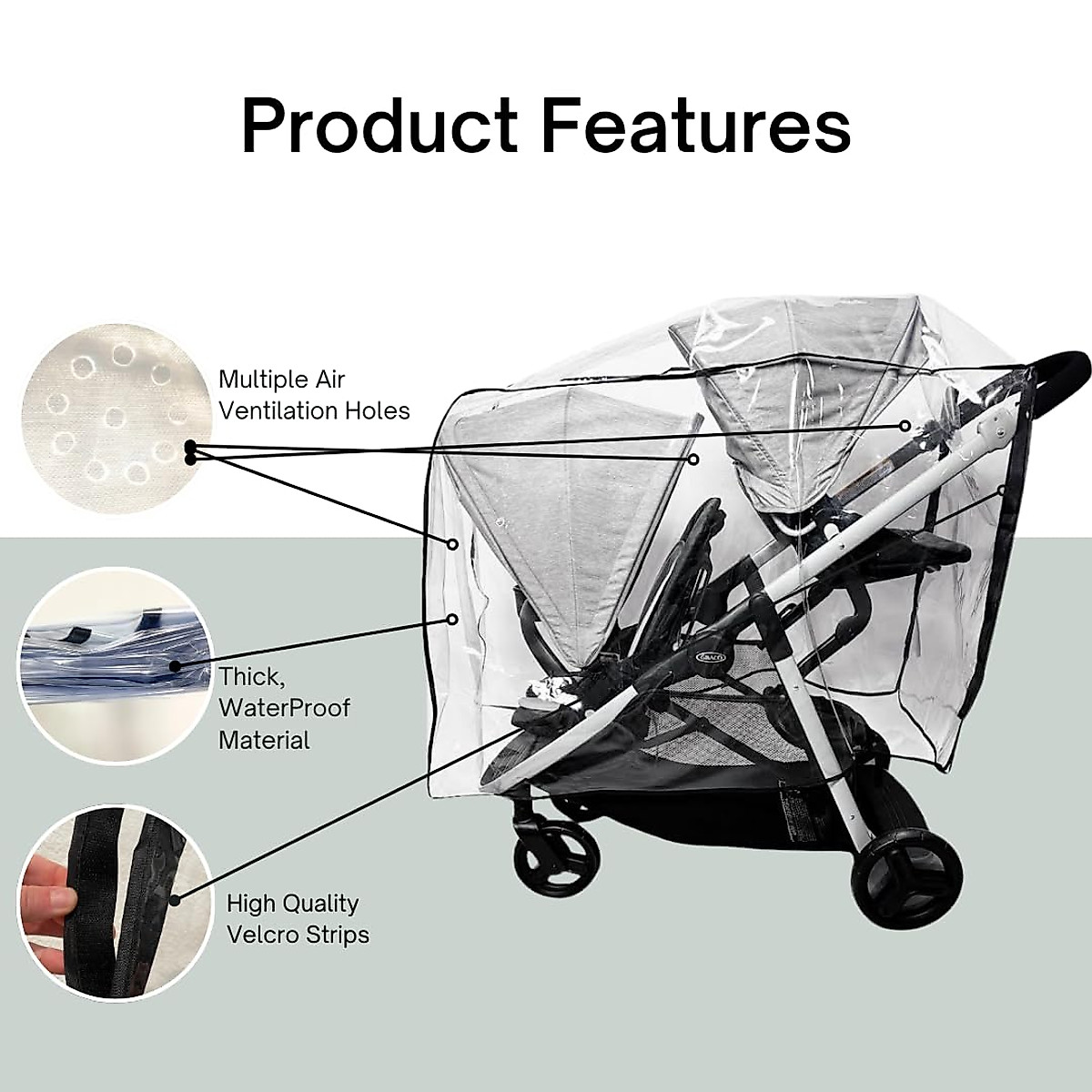 SASHA'S Rain and Wind Cover for Graco Ready2Grow LX 2.0 Double Stroller, Clear, Ventilation Holes, Maximum Coverage Made in USA (Stroller not Included)
