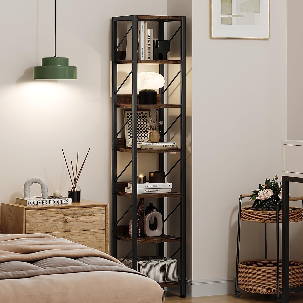 IDEALHOUSE Bookshelf Narrow Bookcase Tall Skinny Storage Rack Shelf 6 Tier Standing Bookshelves Metal Frame Rustic Display Racks Industrial Book Shelf for Bedroom, Living Room, Home Office