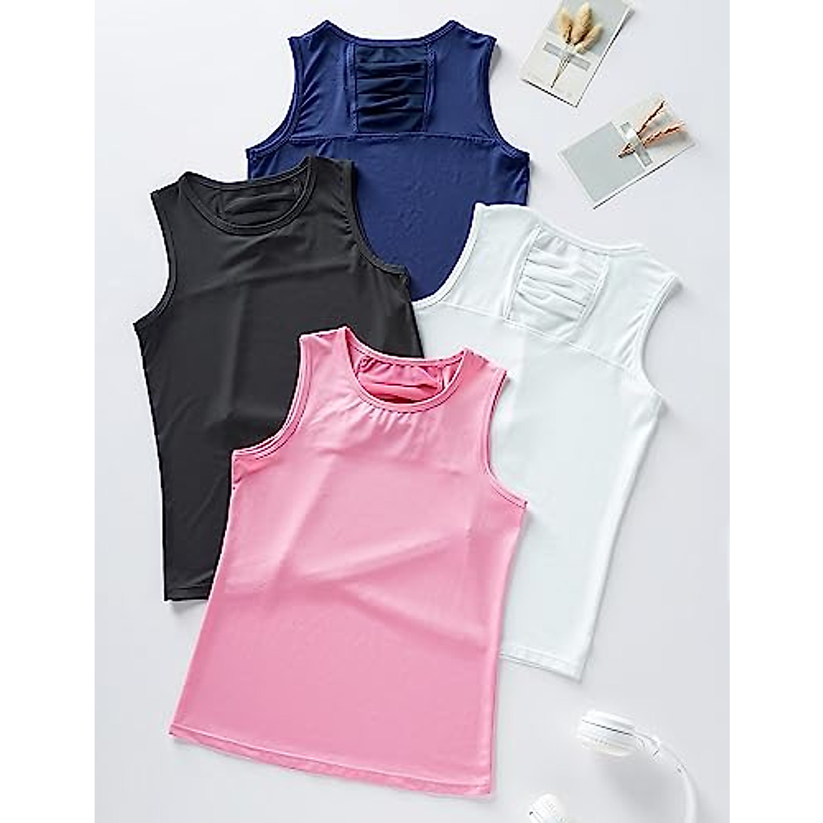 4 Pack Youth Girls Athletic Tank Tops Dry Fit Active Performance Tech Sleeveless Shirts (Set 2, Medium)