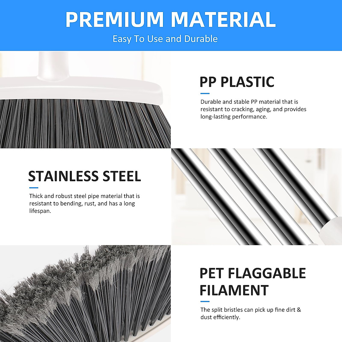 Upgraded Extra-Large Upright Broom 56.7" Length, White Broom Flowering Bristles for Enhanced Indoor and Outdoor Cleaning - Stainless Steel Handle - Cleaning Solution for Home, Kitchen, and Office