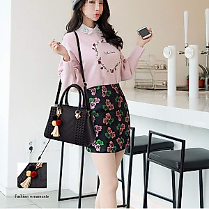 YOUNXSL Womens Leather Handbags Purses Top-handle Totes Satchel Shoulder Bag for Ladies with Pompon and Tassel Black