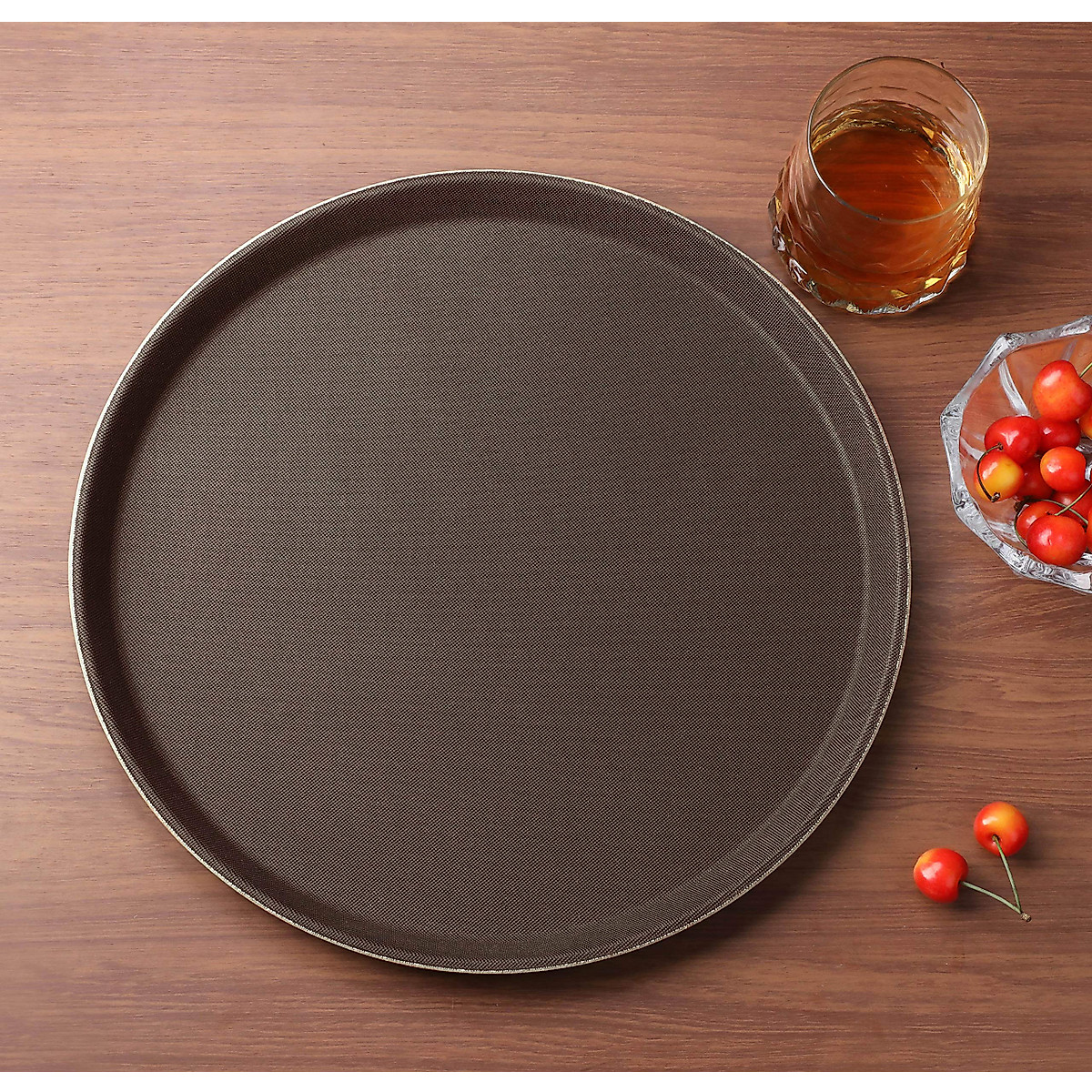 New Star Foodservice 25064 Restaurant Grade Non-Slip Tray, Plastic, Rubber Lined, Round, 14-Inch, Brown