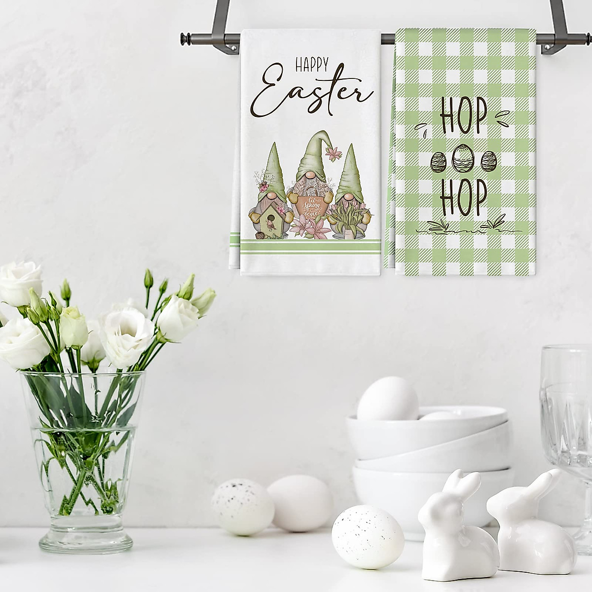 AnyDesign Easter Kitchen Towel 18 x 28 Green White Buffalo Plaids Dishcloth Easter Bunny Rabbit Gnome Cloth Tea Towel Spring Decorative Hand Towel for Bathroom Kitchen Home Cooking Baking, 4Pcs