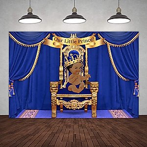 5×3ft Royal Little Prince Boy King Baby Shower Backdrop Blue Curtain Gold Crown Theme Party Banner Decorations Ethnic Black Boys Newborn 1st Birthday Cake Table Supplies Portrait Shooting Photo Props