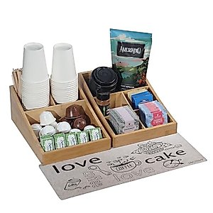 IMAJINAAR Large Capacity Coffee Pod Organizer for K Cups, Tea Bags & Snacks | Bamboo Coffee Station & Condiment Organizer with Spill-Resistant Mat (17.7''x11.8'')