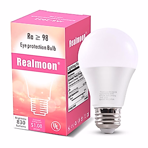 realmoon Full Spectrum Sun Light Bulb - A19 9W, Boosts Energy, Mood & Performance, Near-Perfect Color Rendering, Imitate Sunlight Indoors for a Happy Life, American Pry LED Beads,CRI of 98+