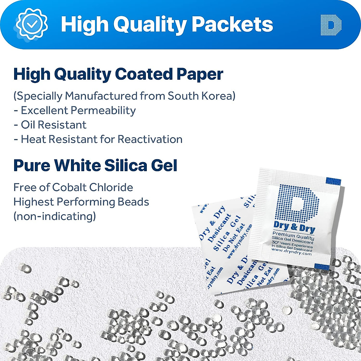 Dry & Dry 1 Gram [1000 Packets] Premium Silica Gel Pure and Safe Silica Gel Packs Desiccant Dehumidifier Desiccant Packs - Food Safe Paper Silica Packets for Moisture Absorber Silica Gel Packets