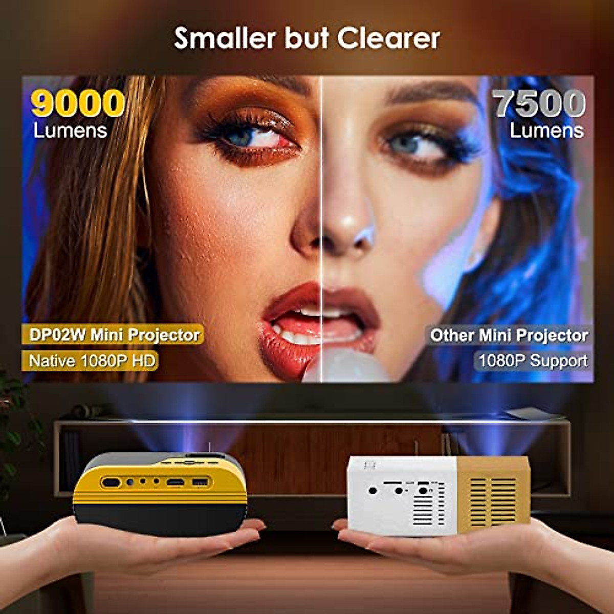 Native 1080P Mini Projector, YOWHICK Upgrade 9000 Lux Portable Projector, Movie Projector with Remote Control Suitable for Indoor/Outdoor, HDMI, USB, AC and Aux Ports