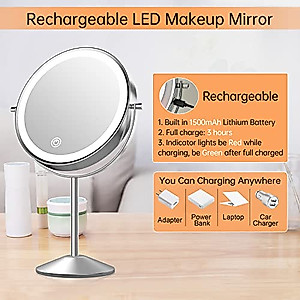 Lighted Makeup Mirror with Magnification, Rechargeable Double Sided 10X Magnifying Mirror with Light, 8 Inch Makeup Vanity Mirror with 3 Light Setting, Touch Control, Desktop Cosmetic Light Up Mirror