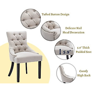 EALSON Set of 2 Linen Dining Chairs Elegant Tufted Back with Nailed Trim Home Kitchen Dining Room Chairs Armless Accent Side Chairs Solid Rubber Wood Legs, Set of 2 (Beige)