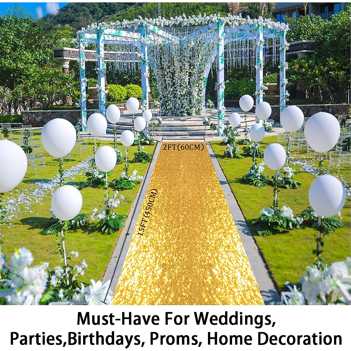 ShinyBeauty Gold Aisle Runners 2FTx15FT Carpet Runner for Party Glitter Runner for Wedding Aisle Runner Gold N105
