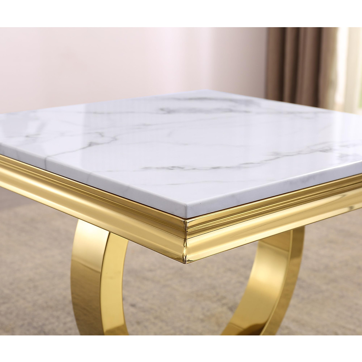 SSLine Modern White Faux Marble End Table Luxury Square Sofa Side Table with Gold Pedestal Base Mid-Century Elegant Bedside Table w/Mirrored Stainless Steel Frame Legs for Living Room Bedroom
