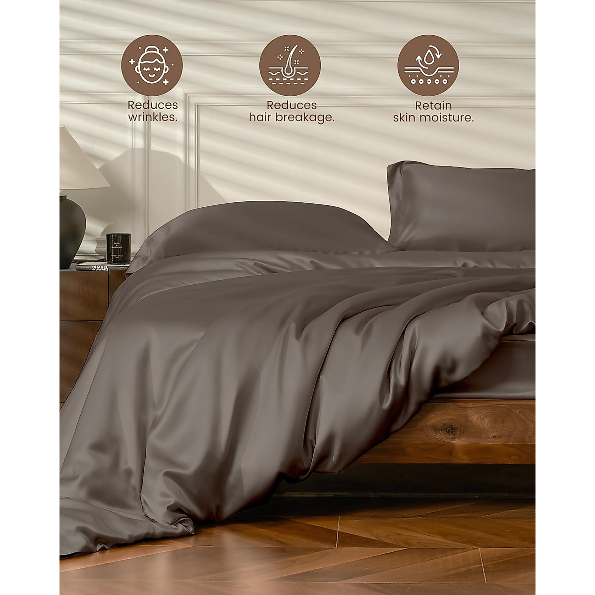 THXSILK 25 Momme Silk Duvet Cover Set 4PCS(1 Duvet Cover + 1 Fitted Sheet + 2 Pillow Shams),100% Mulberry Natural Silk Bedding Set (Charcoal, King)