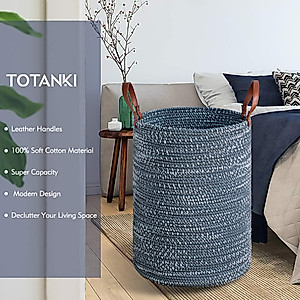TOTANKI Large Cotton Rope Laundry Storage Basket - 15.7 Inches(D) x 19.7 Inches(H) - Collapsible Woven Basket with Leather Handles for Storing Clothing, Diapers, Toys (Blue)