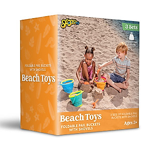 JOYIN 3 Packs Foldable Pail Bucket with Shovels & Mesh Bag, Collapsible Buckets Multi Purpose for Beach, Camping Gear, Beach Party, Fishing, and Fun Summer Activities (Yellow/Blue/Green)