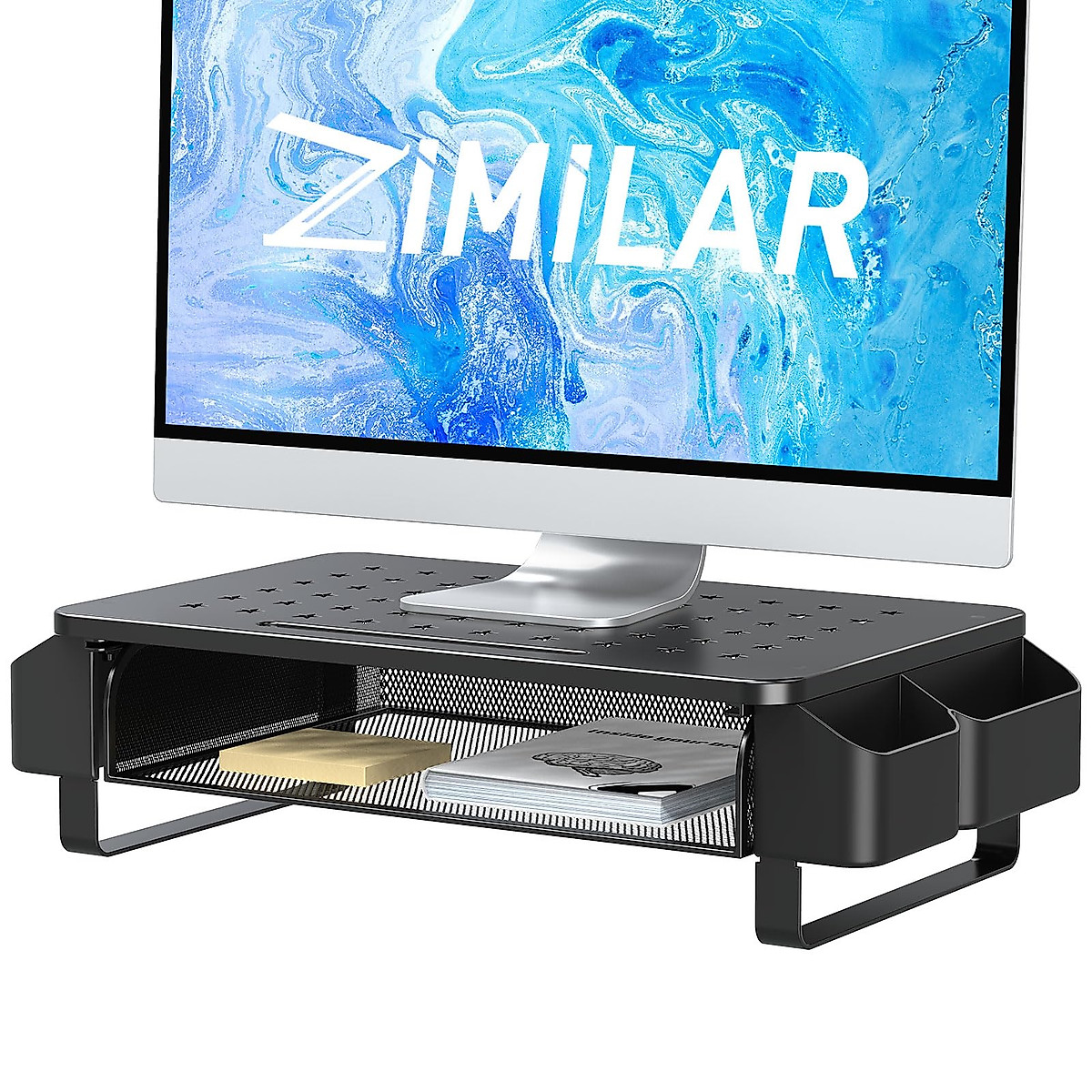 Zimilar Monitor Stand Riser with Drawer, Monitor Riser with Side Storage Pockets for Desk, Metal Monitor Stand for Laptop, PC Screen, Printer, iMac, Computer Monitor Stand for Home Office