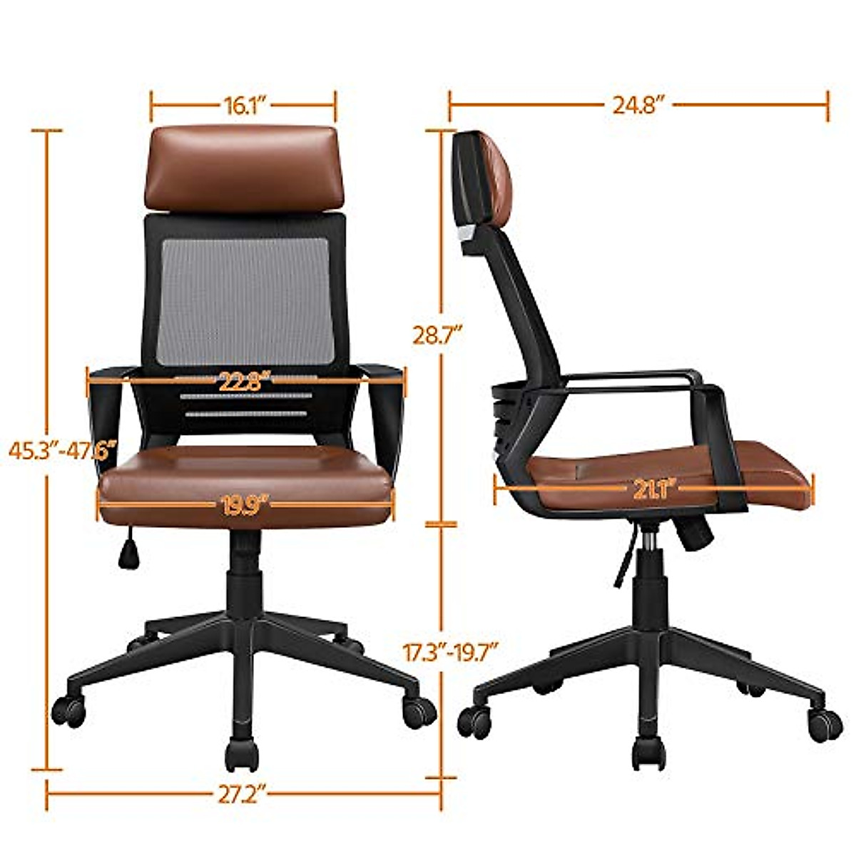 Yaheetech Executive Office Chair, Ergonomic High Back Leather/Mesh Desk Chair with Headrest and Lumbar Support, Swivel Chairs on Wheels/Castors for Home Office, Brown