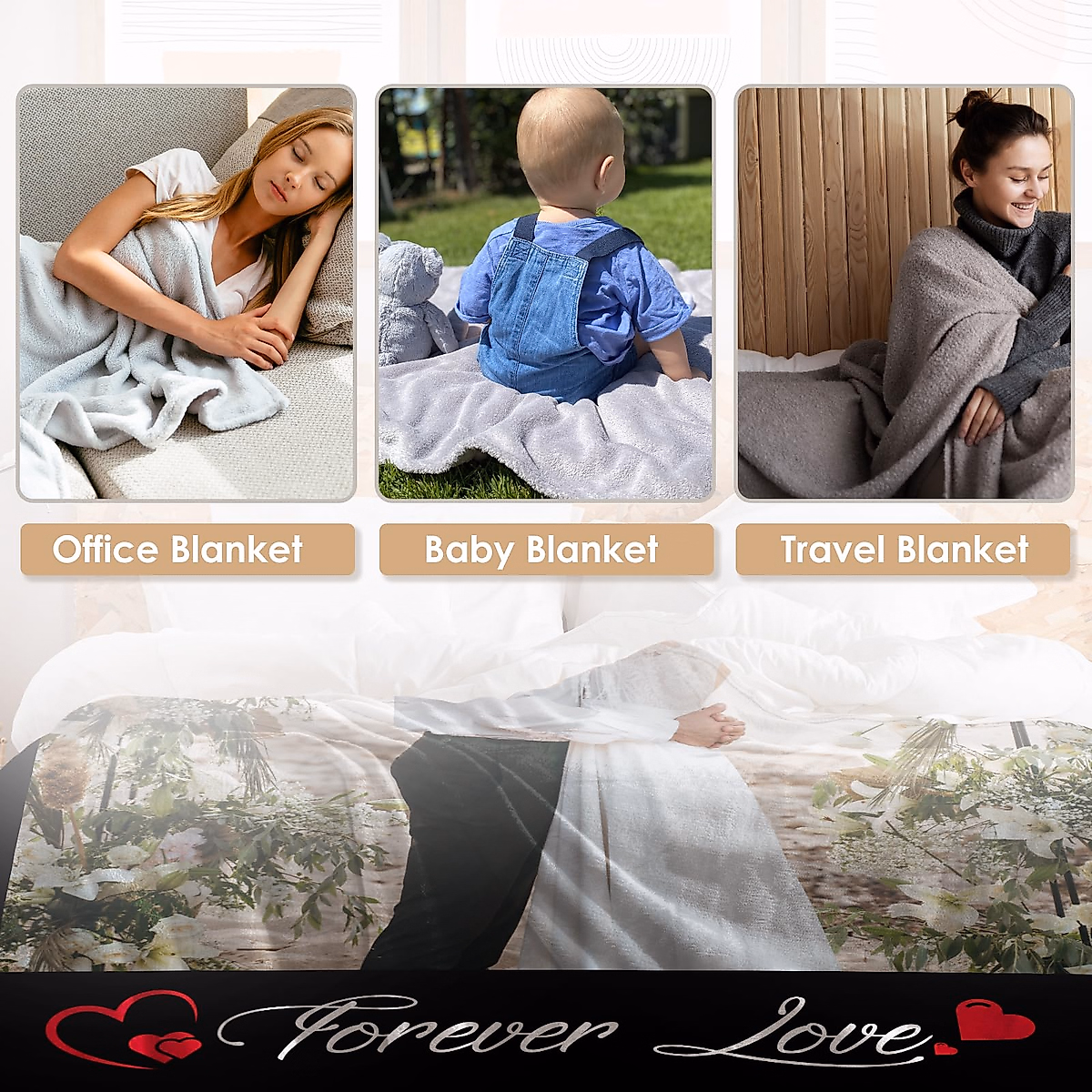 Aeekdook Custom Blanket with Picture, Picture Blankets Customized for Wedding Birthday Anniversary, Custom for Him Her, Picture Blankets Customized(1 Photo with Text)