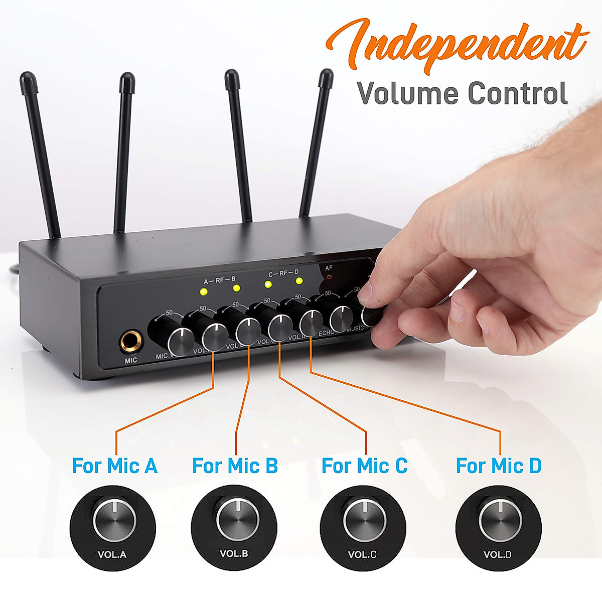 Pyle Portable UHF Wireless Microphone System - Battery Operated Four Bluetooth Cordless Microphone Set with 50 Channels Selectable Frequency, Receiver Base, AUX, PA Karaoke DJ Party - Pyle PDWM4120
