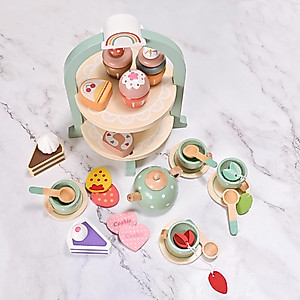 MONT PLEASANT 27pcs Wooden Tea Set for Little Girls, Toddler Tea Set Wooden Toys Play Kitchen Accessories with Cupcake Stand, Kids Tea Party Set Pretend Play Food Birthday Gift Playset