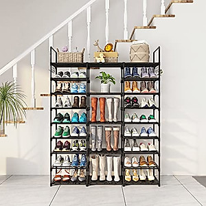 Caitlyn 9 Tiers Shoe Rack Storage Organizer Shoe Shelf Organizer for Entryway Holds 50-55 Pairs Shoe and Boots, Versatile Hooks Stackable Shoe Cabinet, Black