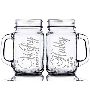 Hubby and Wifey Set of 2 Personalized Mason Jars Drinking Mugs Personalized Custom Etched for Wedding, Engagement Anniversary Bridal Party Gift of Favor for Newlyweds Couple Laser Engraved