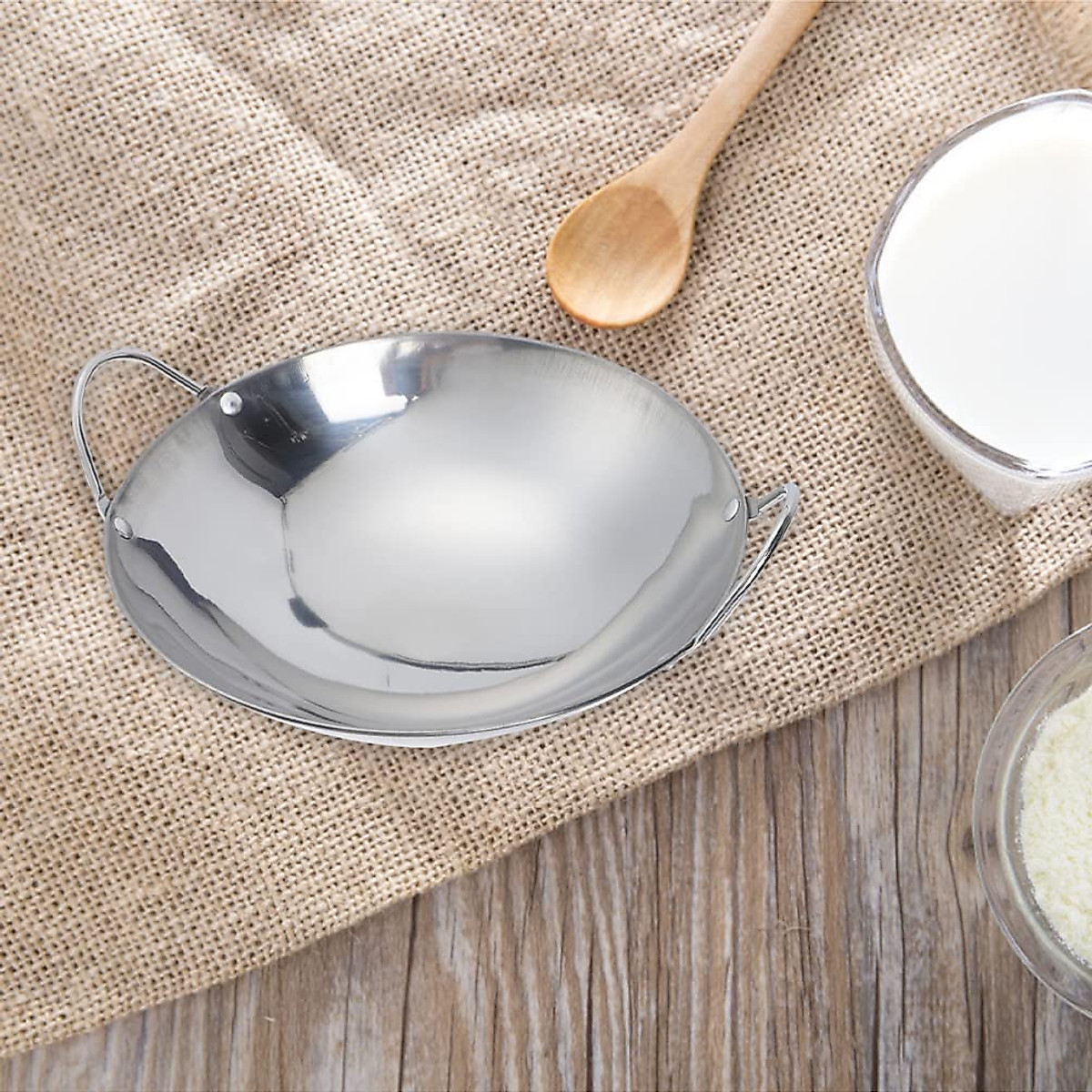 Operitacx Stainless Steel Woks Stir Fry Pans Non-stick Frying Pan Flat Bottom Chinese Wok Hot Pot with Double Handle Kitchen Cookware for Induction Gas Stove 8in