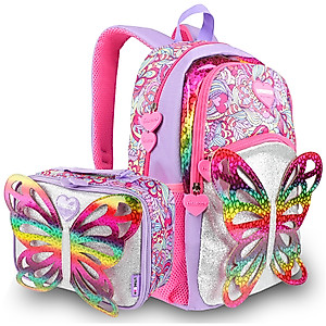 LSSAGOON Butterfly Wings Sequins Backpack with Lunch Bag for Girls Kids Teenage,Lightweight School Bag Set for Elementary Preschool Bookbag, Casual Rucksack for Travel Gift