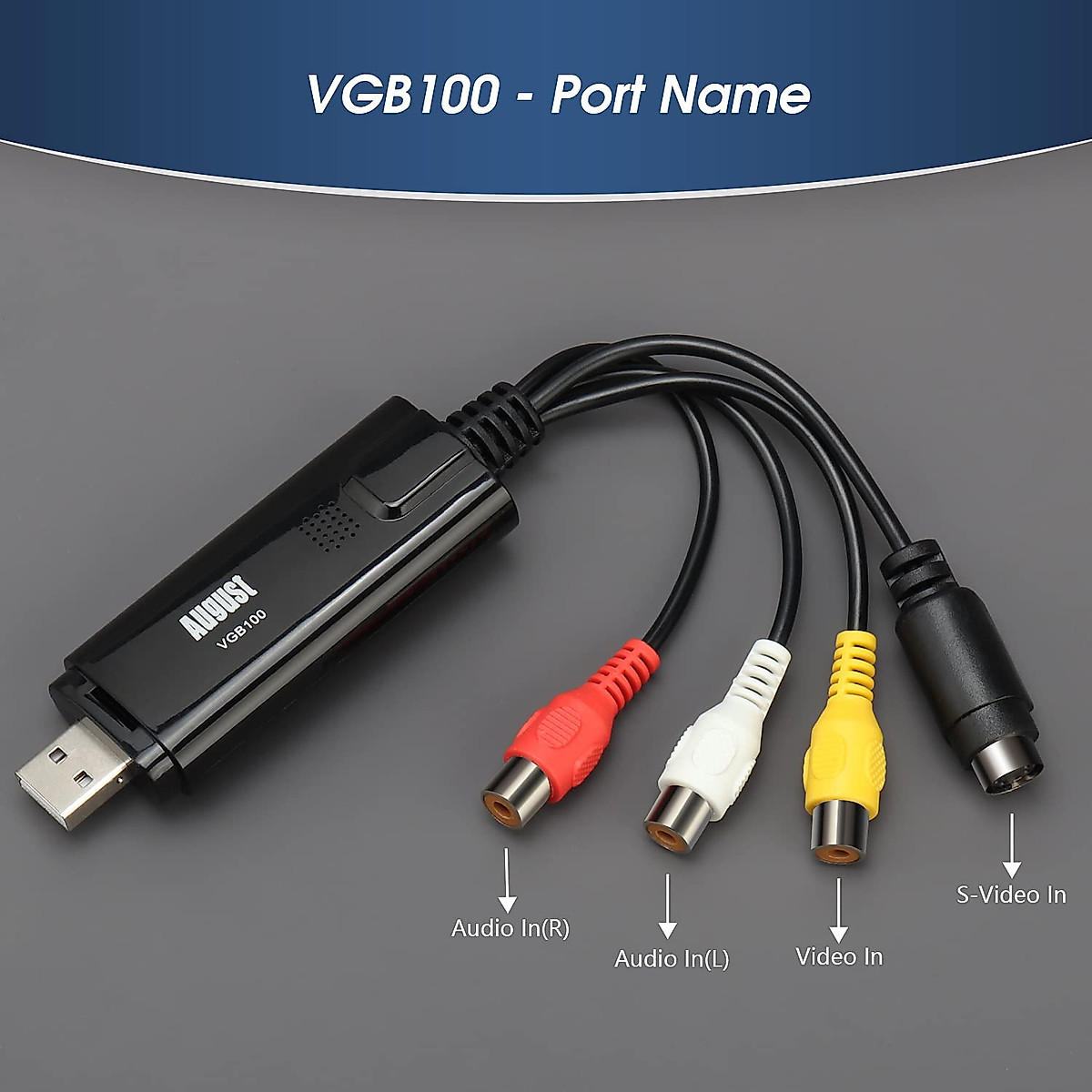 August VGB100 - External USB Video Capture Card - S Video/Composite to USB Transfer Cable - Grabber Lead for Windows 10/8 / 7 / Vista/XP