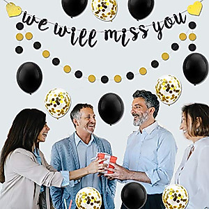 Luxiocio We Will Miss You Banner Balloon Going Away Party Decorations - Farewell Party Decorations Supplies - Black Gold Banner Confetti Latex Balloons for Retirement Office Work Party Sign Decor