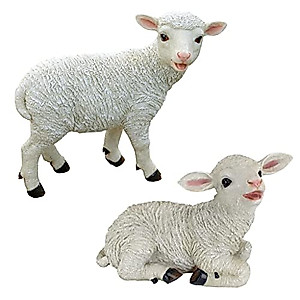 Design Toscano Yorkshire Lamb Garden Farm Animal Statues, 15 Inch, Set of Two Standing and Sitting, Polyresin, Full Color