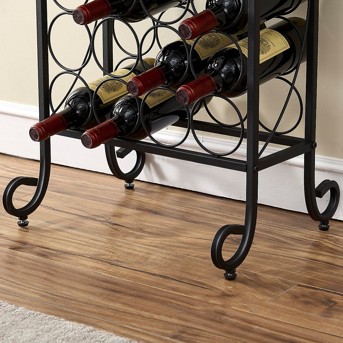 VECELO Metal Wine Rack Hold 20 Bottles with Glasses Holder, Freestanding Floor Bar Storage & Display Shelf for Kitchen Dining Living Room, Black Glass Top