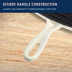 Country Living Enameled Cast Iron Square Griddle Grill Pan with Ridges, Helper Handle and Pouring Spouts for Easy Draining, Indoor Grilling Skillet, 11-Inch, Cream