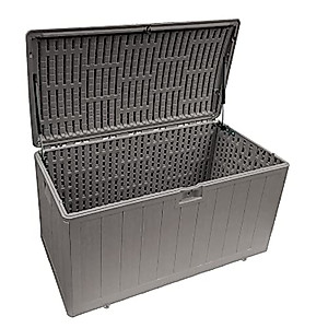 Plastic Development Group 130-Gallon Weather-Resistant Plastic Resin Outdoor Patio Storage Deck Box with Gas Shock Lid, Driftwood