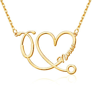 Dreamdecor Stethoscope Name Necklace Personalized, 18K Gold Plated Dainty Custom Doctor Nurse Necklace Graduation Gift Jewelry for Medical Student
